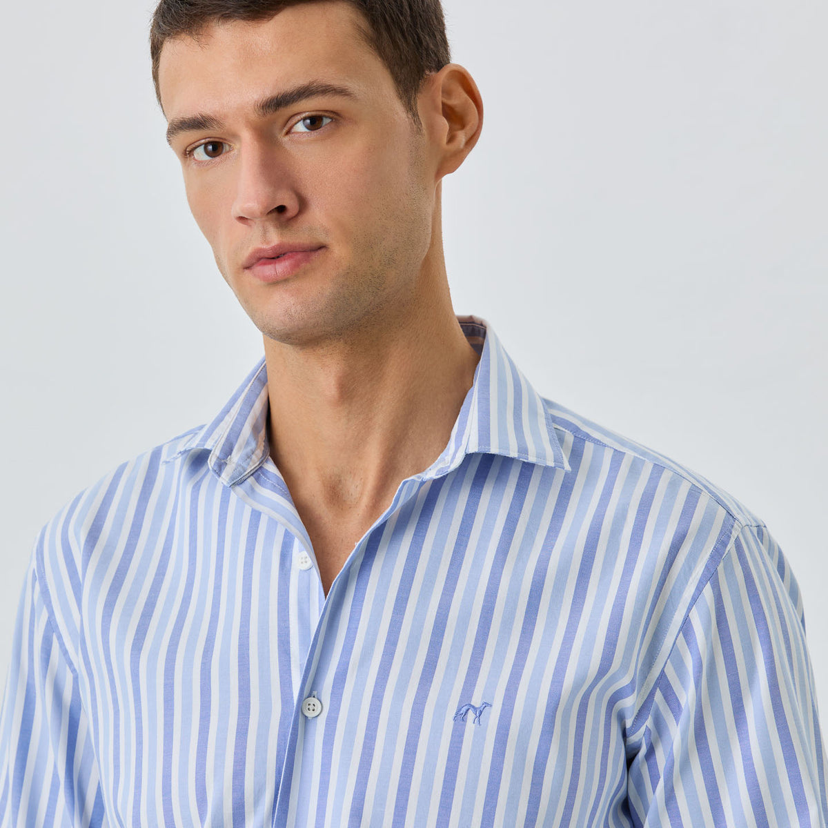 Slim Fit Shirt With Open Collar In BCI Cotton With Stripes – Sacoor ...