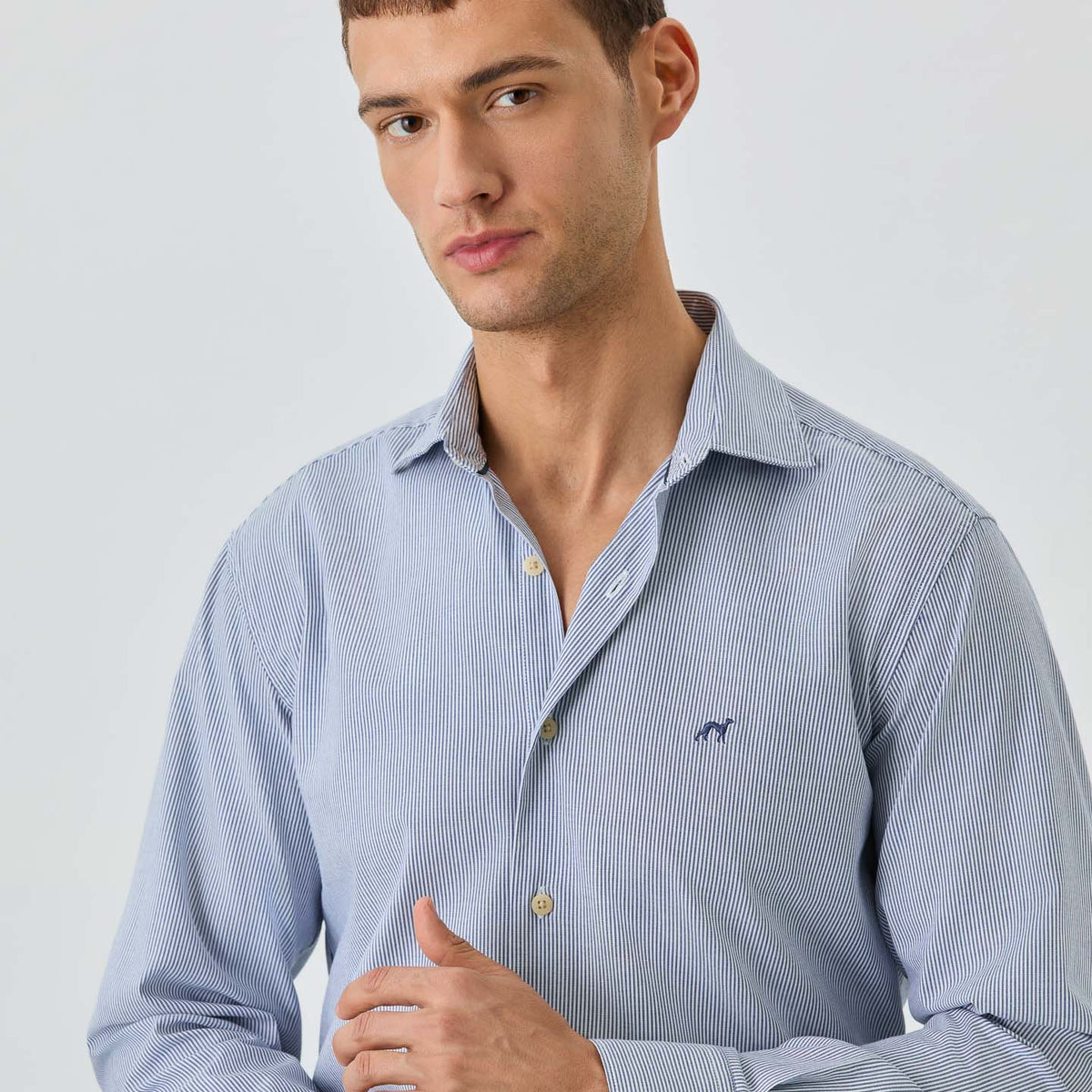 Slim Fit Shirt With Open Collar In BCI Cotton With Stripes – Sacoor ...