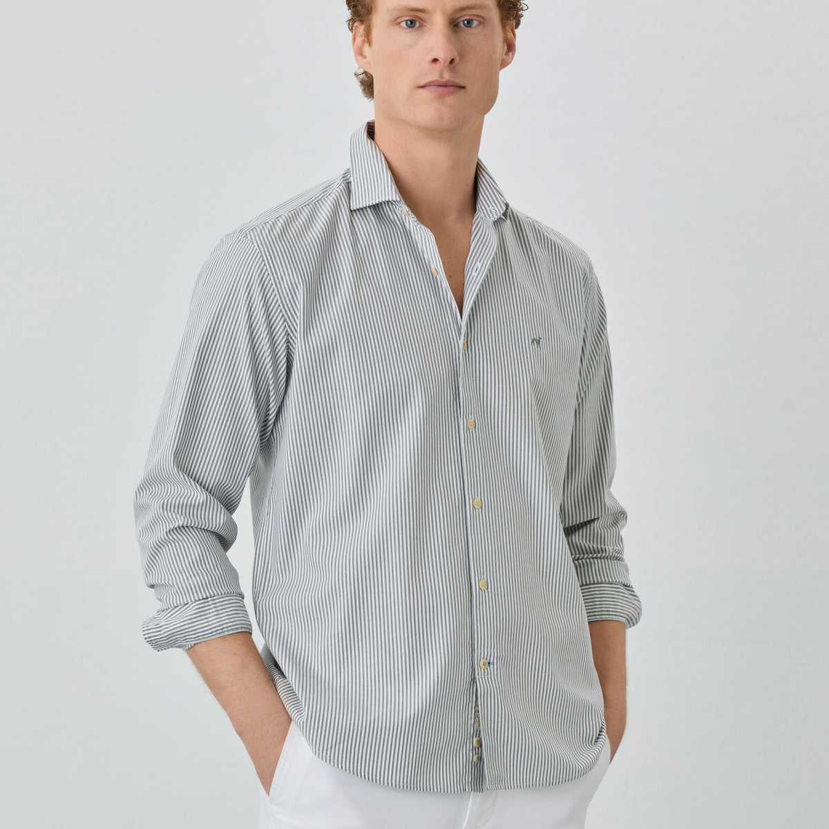 Regular Fit Shirt With Open Collar In BCI Cotton With Stripes – Sacoor ...