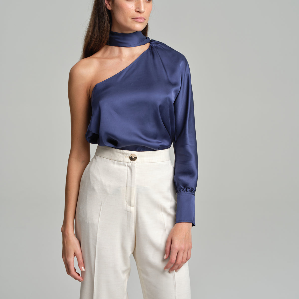 One shoulder blouse with neck scarf – Sacoor Brothers Singapore